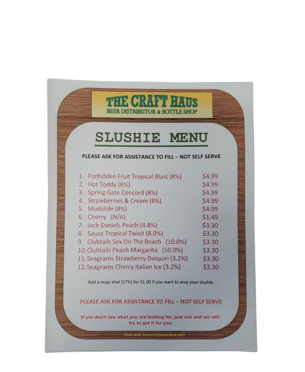 Slushie Menu - The Craft Haus, Minersville, PA