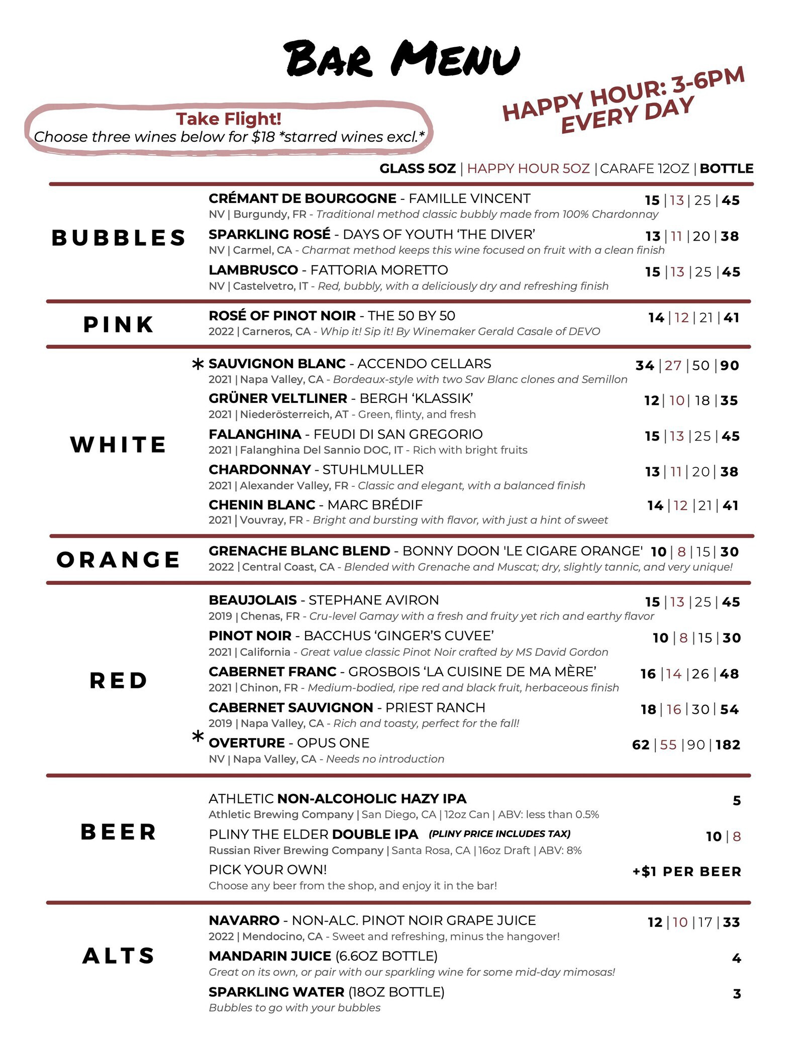 Bar Menu - Bacchus Wine & Spirits Millbrae CA, Millbrae, CA