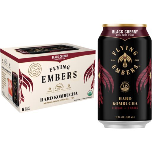 Flying Embers Hard Kombucha Sparkling Botanical Tea Black Cherry 12OZ ...